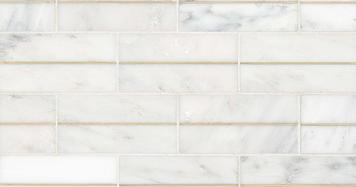 Ferrara Bianco Deco 3X6 Honed Marble, Brass Subway Tile | Tilemart