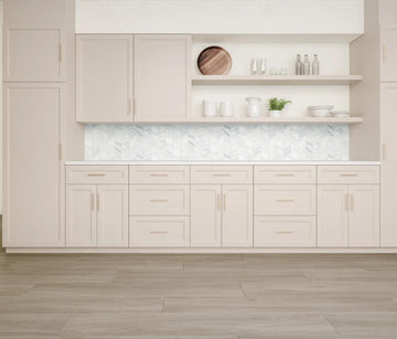 Ferrara Bianco Chevron Honed Marble, Brass Mosaic | Tilemart